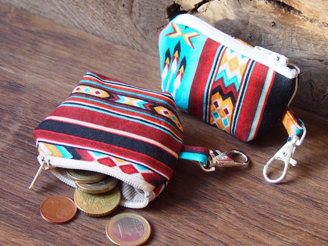 Mini Zipped Coin Purse With Carabiner Stripes and Ethnic Patterns - Etsy