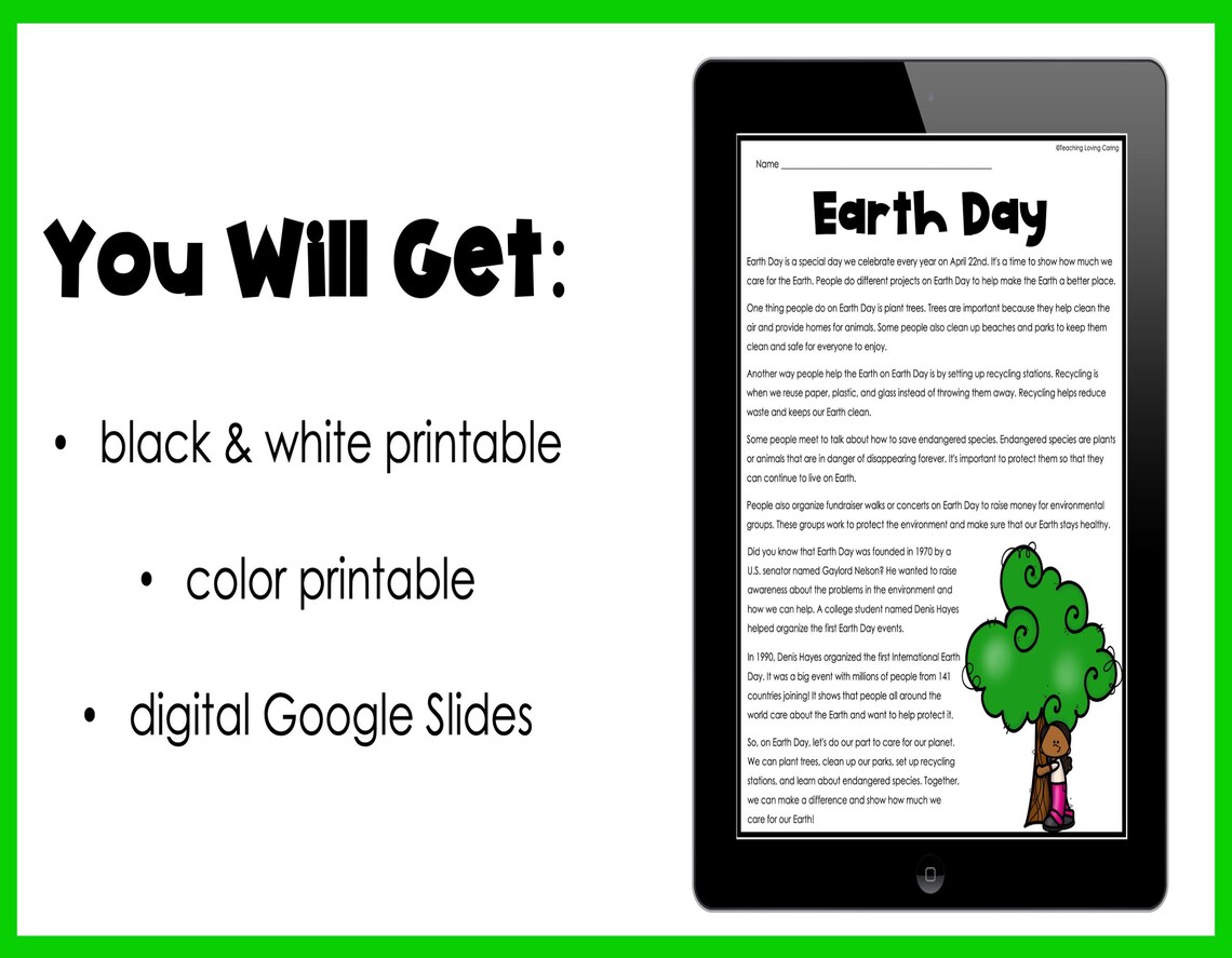 Earth Day Reading Comprehension Activities - Etsy