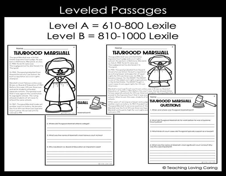 Black History Month Reading Comprehension Thurgood Marshall - Etsy
