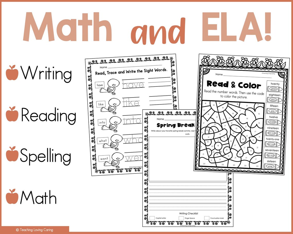 Kindergarten Spring Break Packet Independent Spring Themed Worksheets ...