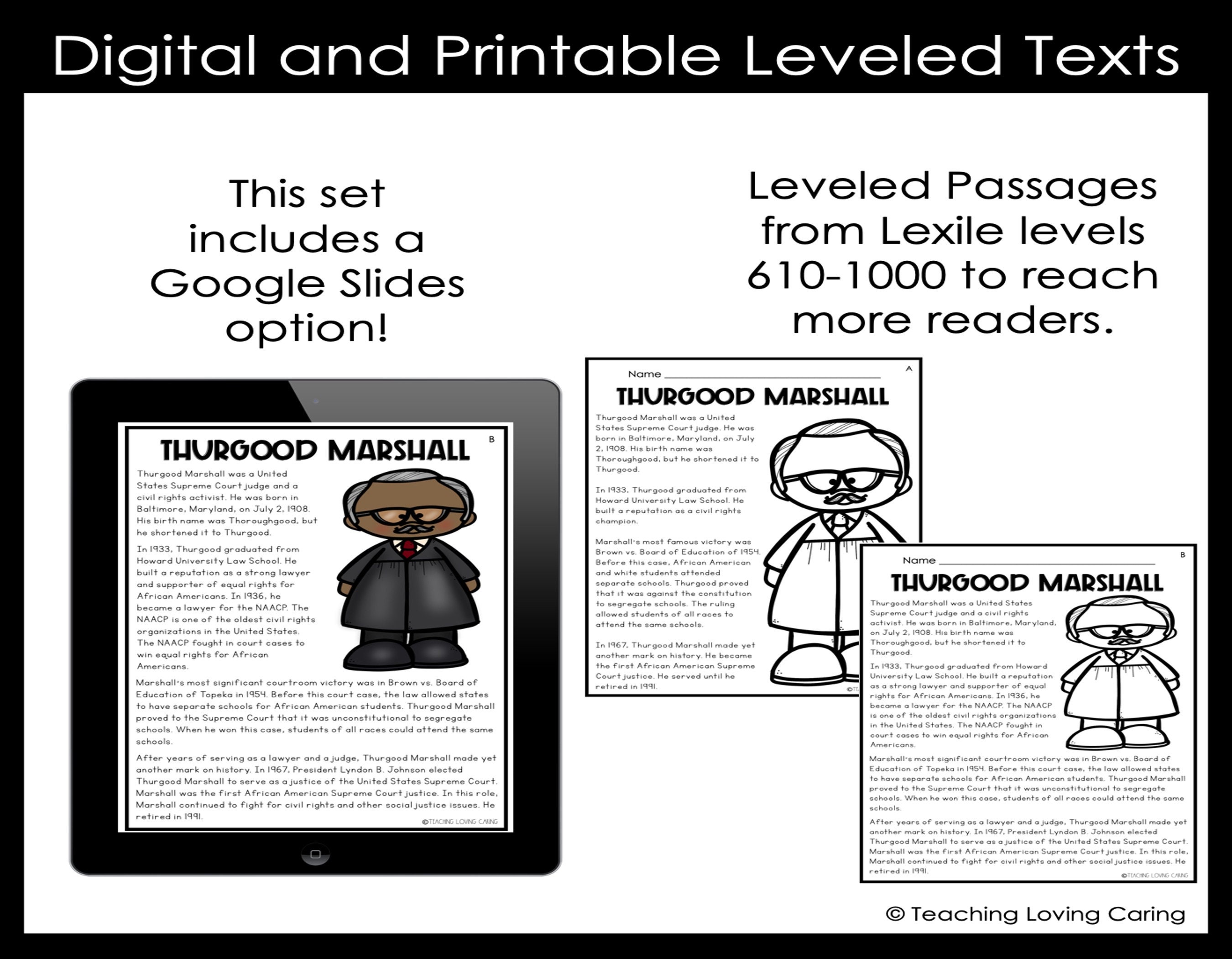 Black History Month Reading Comprehension Thurgood Marshall - Etsy