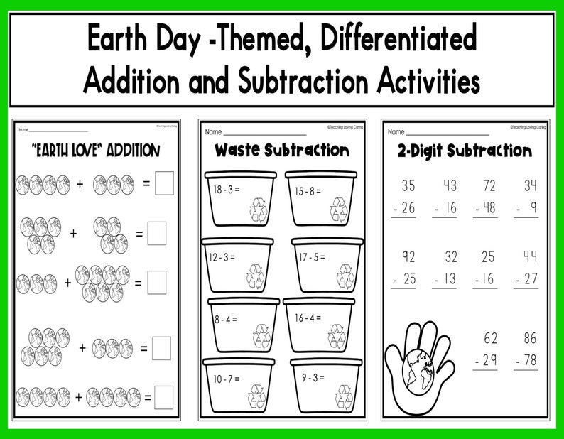 Earth Day Differentiated Addition and Subtraction Math Activities - Etsy