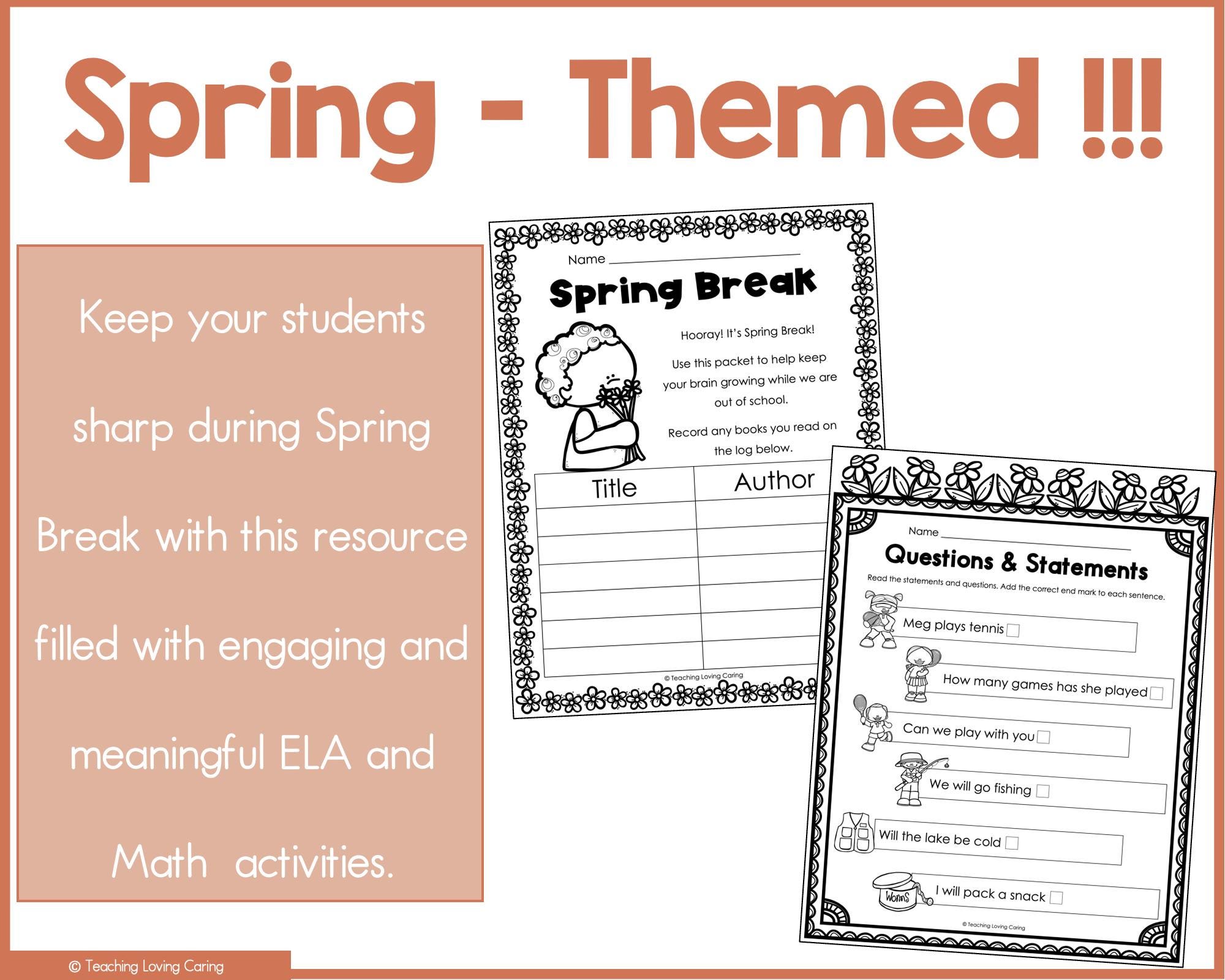 Kindergarten Spring Break Packet Independent Spring Themed Worksheets ...
