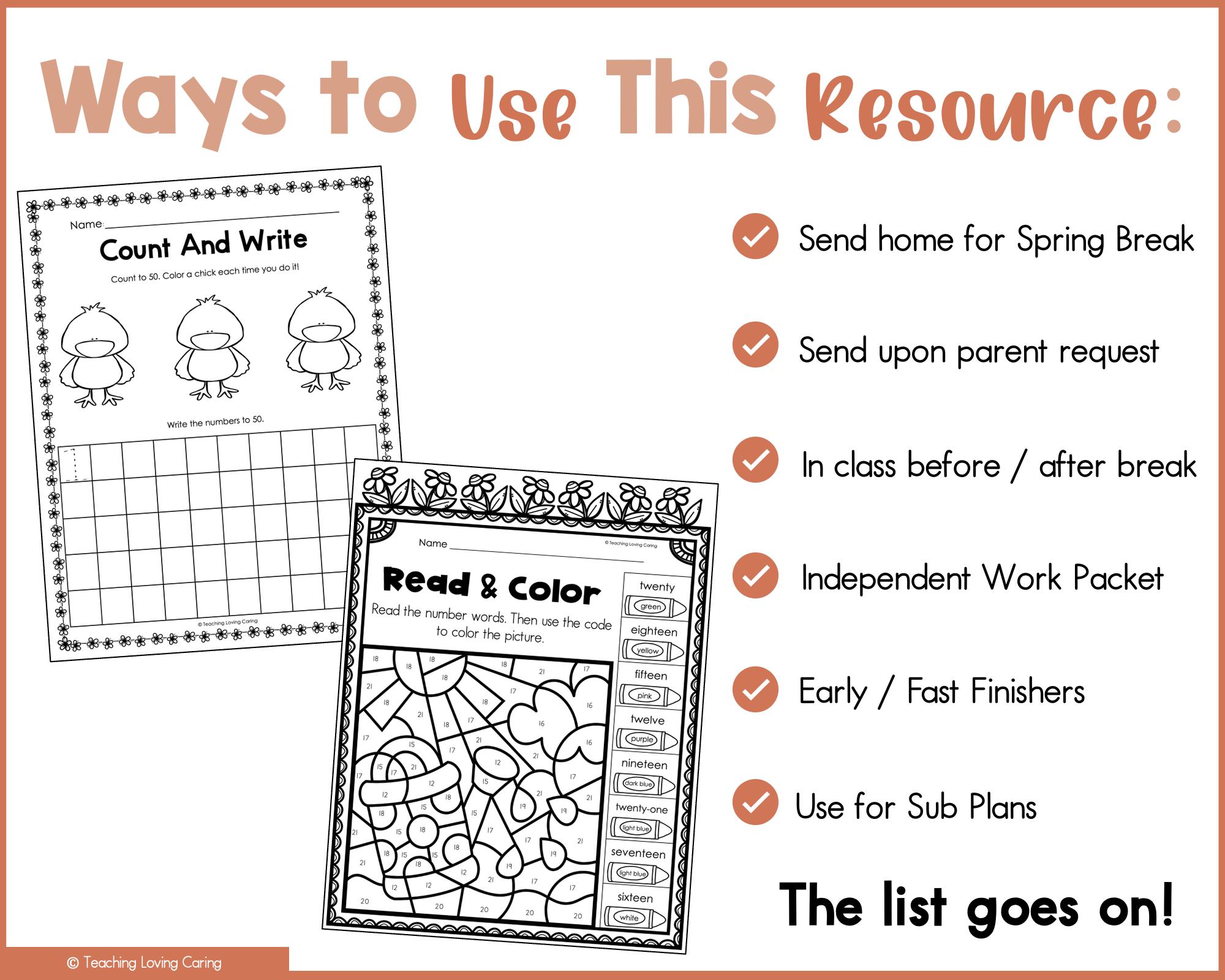 Kindergarten Spring Break Packet Independent Spring Themed Worksheets ...