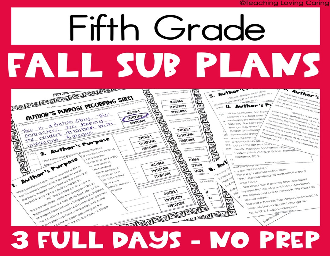 Fifth Grade Emergency Sub Plans - Fall - Etsy