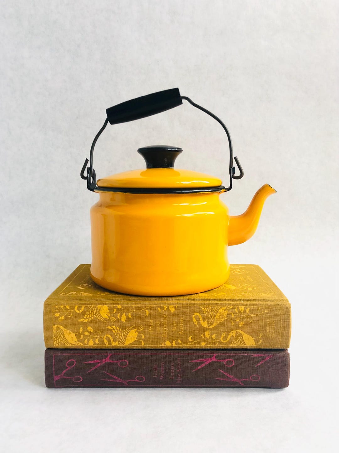 Vintage Enamelware Tea Kettle, Yellow Tea Kettle, Vintage Yellow Kettle ...