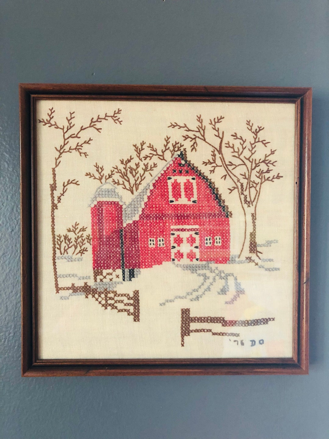 Vintage Framed Red Barn Embroidery, Vintage Red Barn Cross Stitch ...