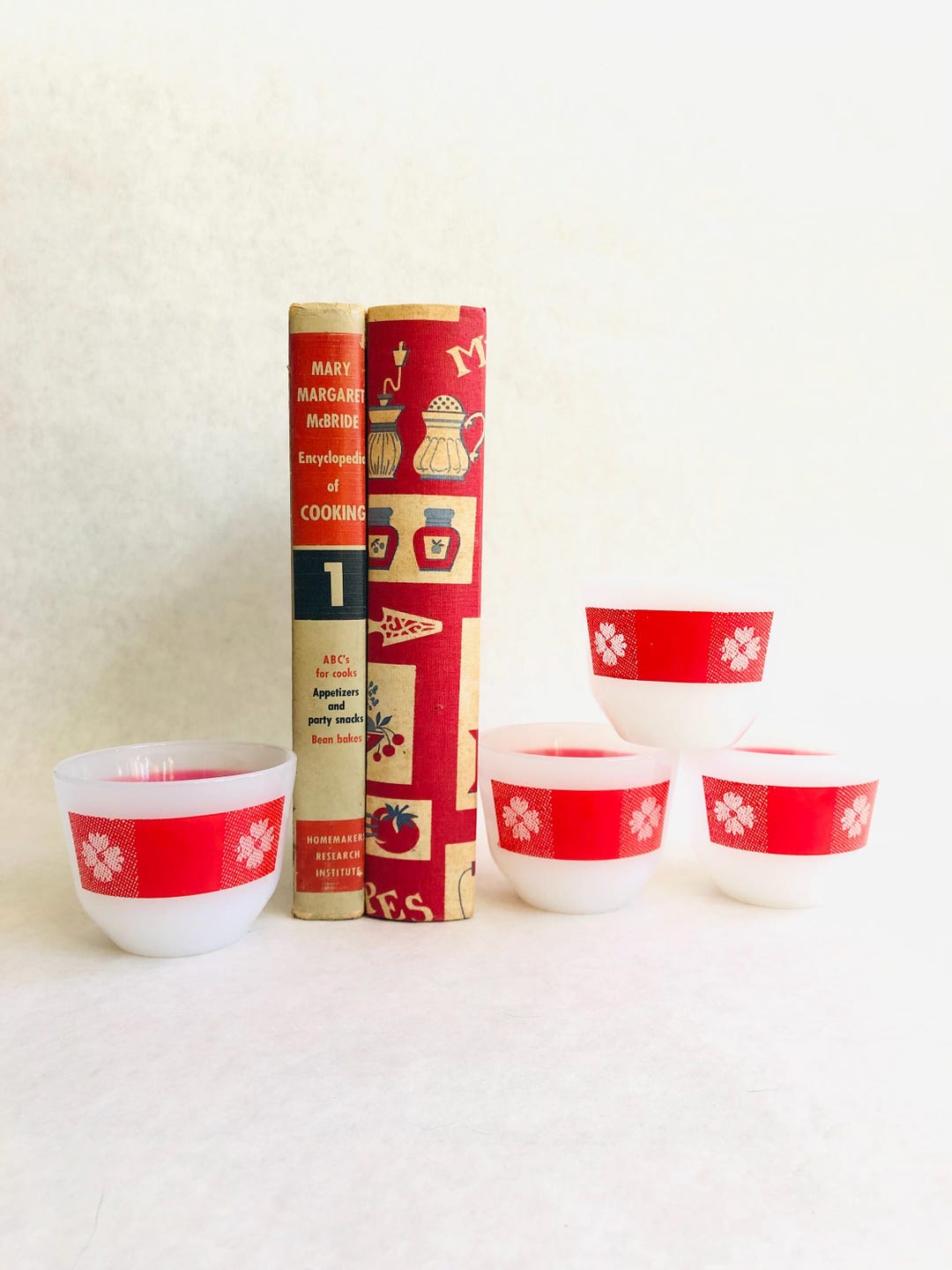 Vintage Federal Glass Red Gingham Custard Cups, Red Farmhouse Vintage ...