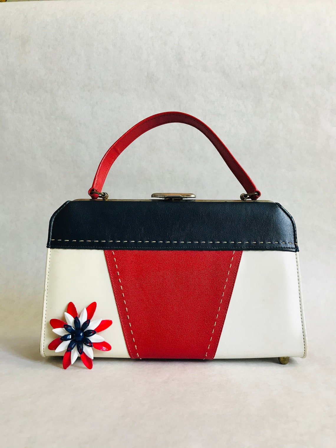 Vintage red white and blue handbag vintage top handle | Etsy