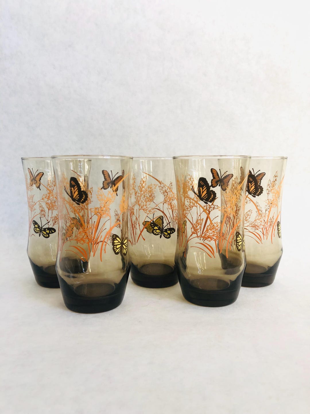 Rare Vintage Butterfly Tumblers, Vintage Libbey Smoke Glass Butterfly ...