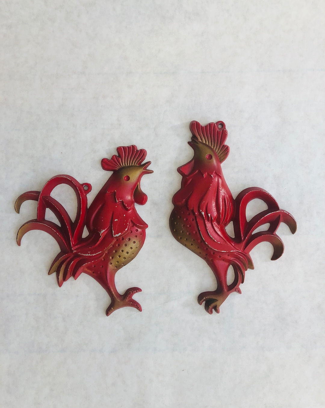 Rare Vintage Red Roosters, Vintage Cast Iron Wall Roosters, Vintage ...