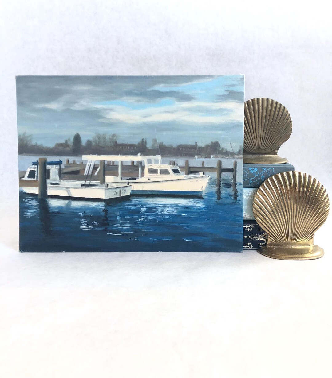 Vintage Harbor Painting: Original Seascape Boat Dock Art, Unsigned - Etsy