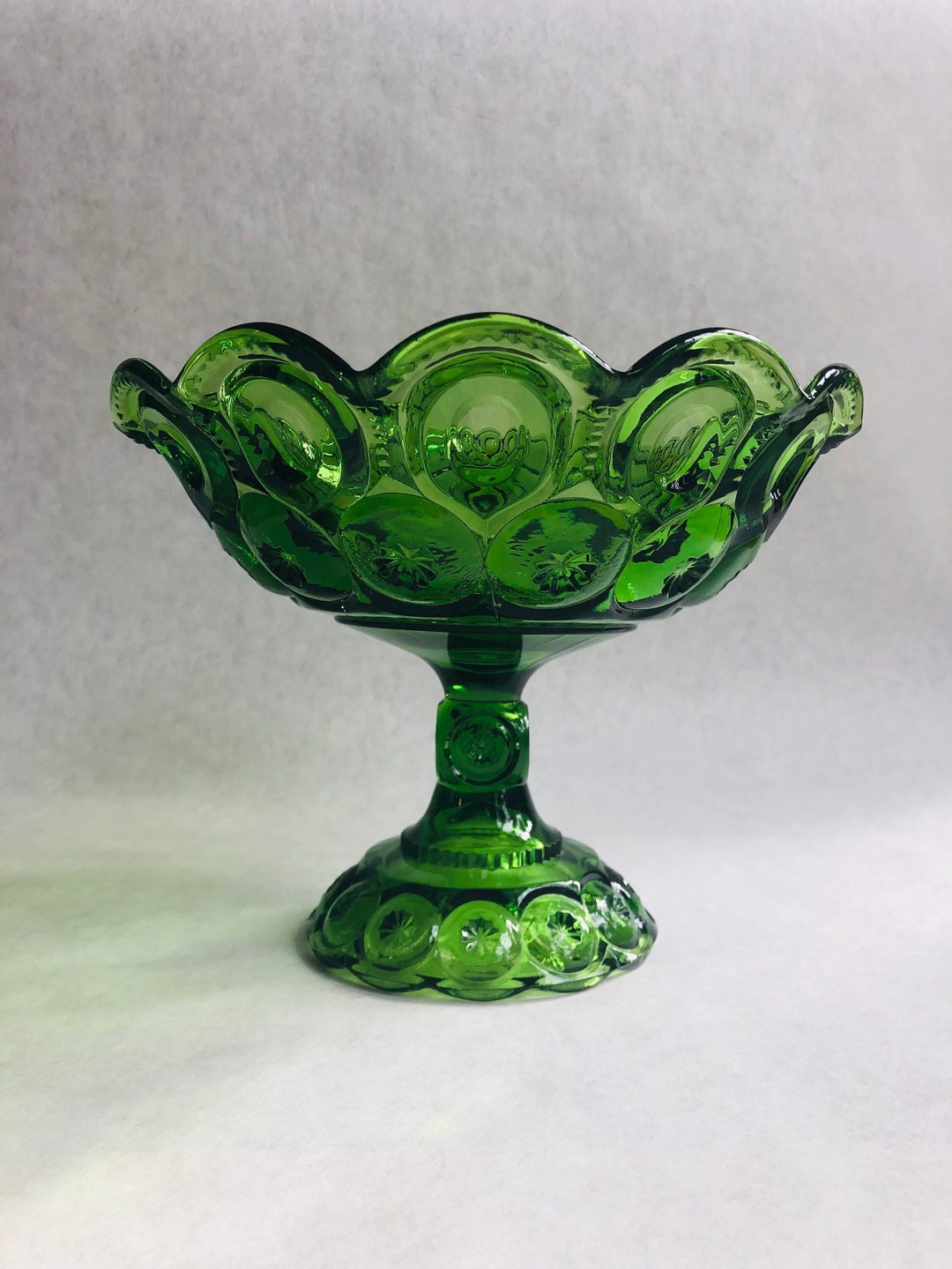 Vintage L.E. Smith Moon and Stars Green Glass Compote, Vintage Moon and ...