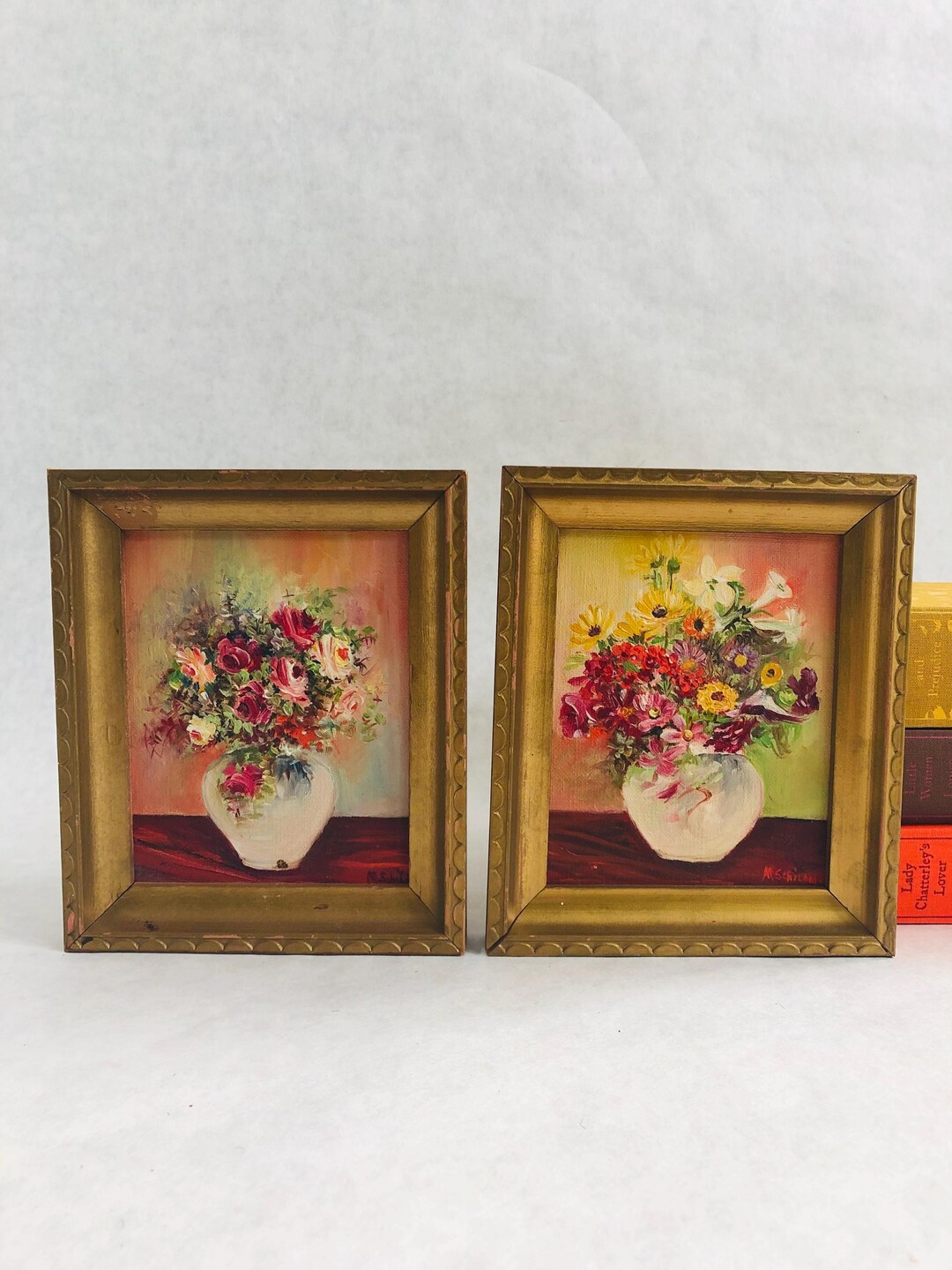 Vintage PAIR Small MCM Floral Oil Paintings, Original Midcentury Flower ...