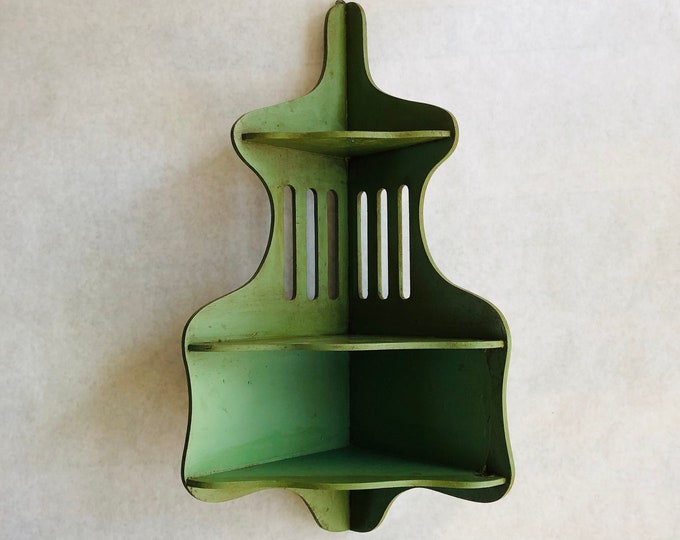 Rare Vintage Green Wooden Corner Shelf, Vintage Corner Shelf, Green MCM ...