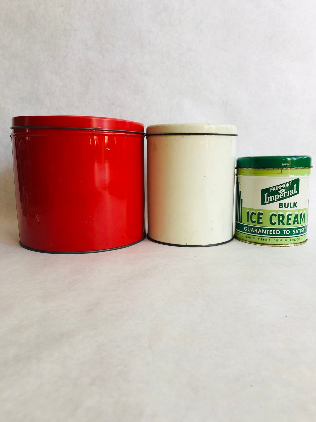 Vintage Tins Set, Vintage Red Tin, Vintage White Tin, Vintage Ice Cream ...
