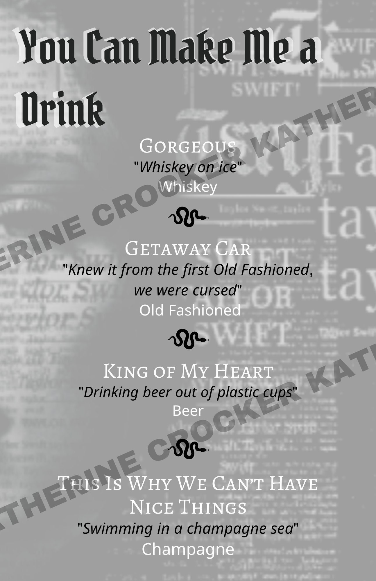 REPUTATION Customizable Taylor Swift Themed Cocktail Menu - Etsy
