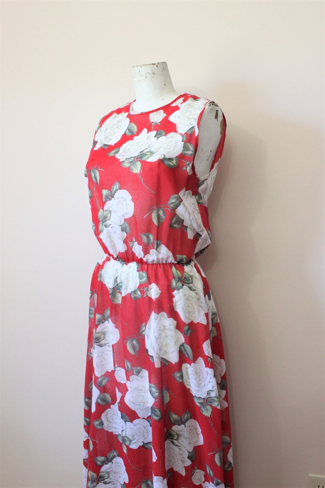 Moon Rose Sheer Red Dress | 1980s Sheer Red Bold Floral Cotton Blend ...