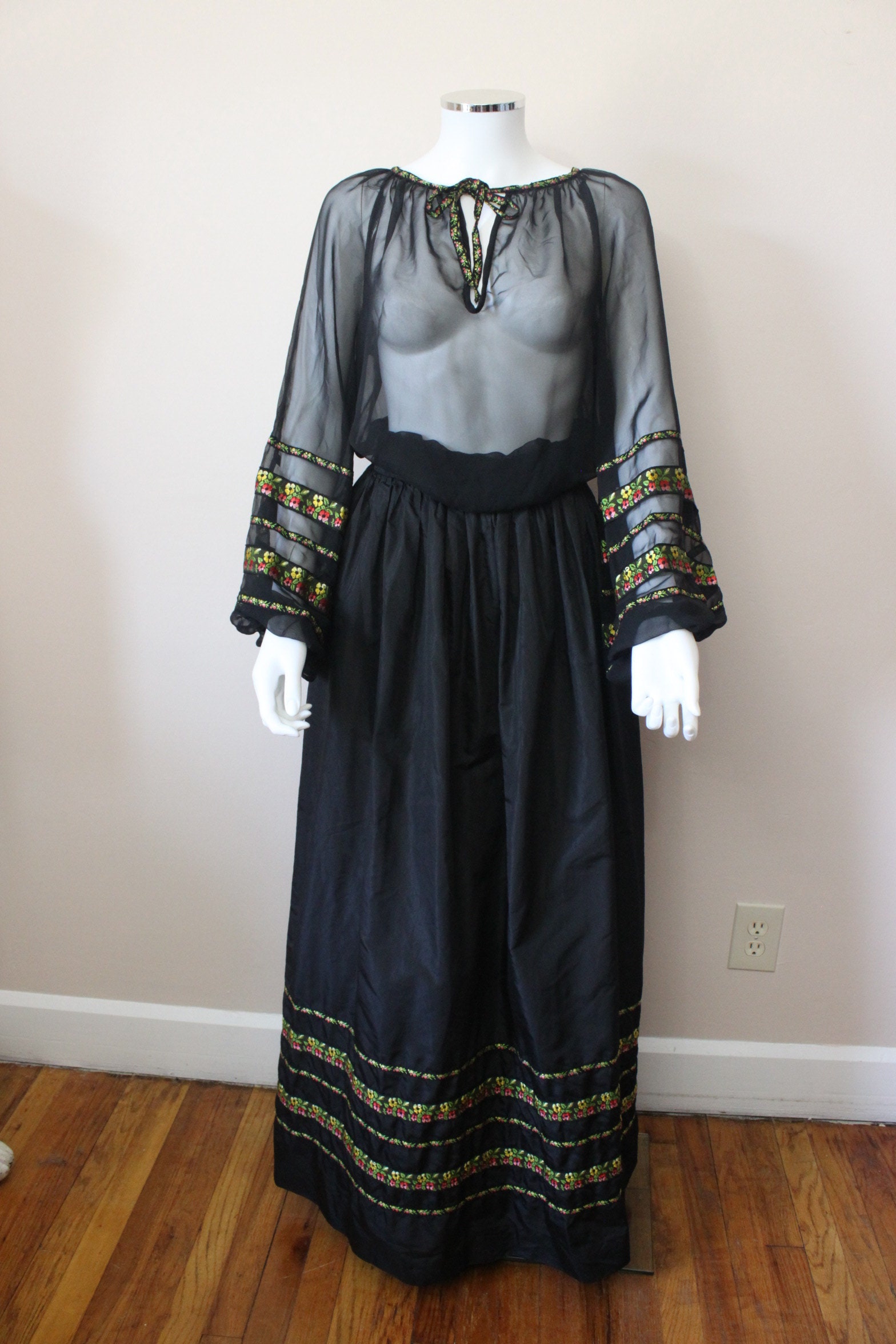 Soledad Maxi Dress Set 1970s Spanish Gypsy Embroidered Sheer Balloon ...