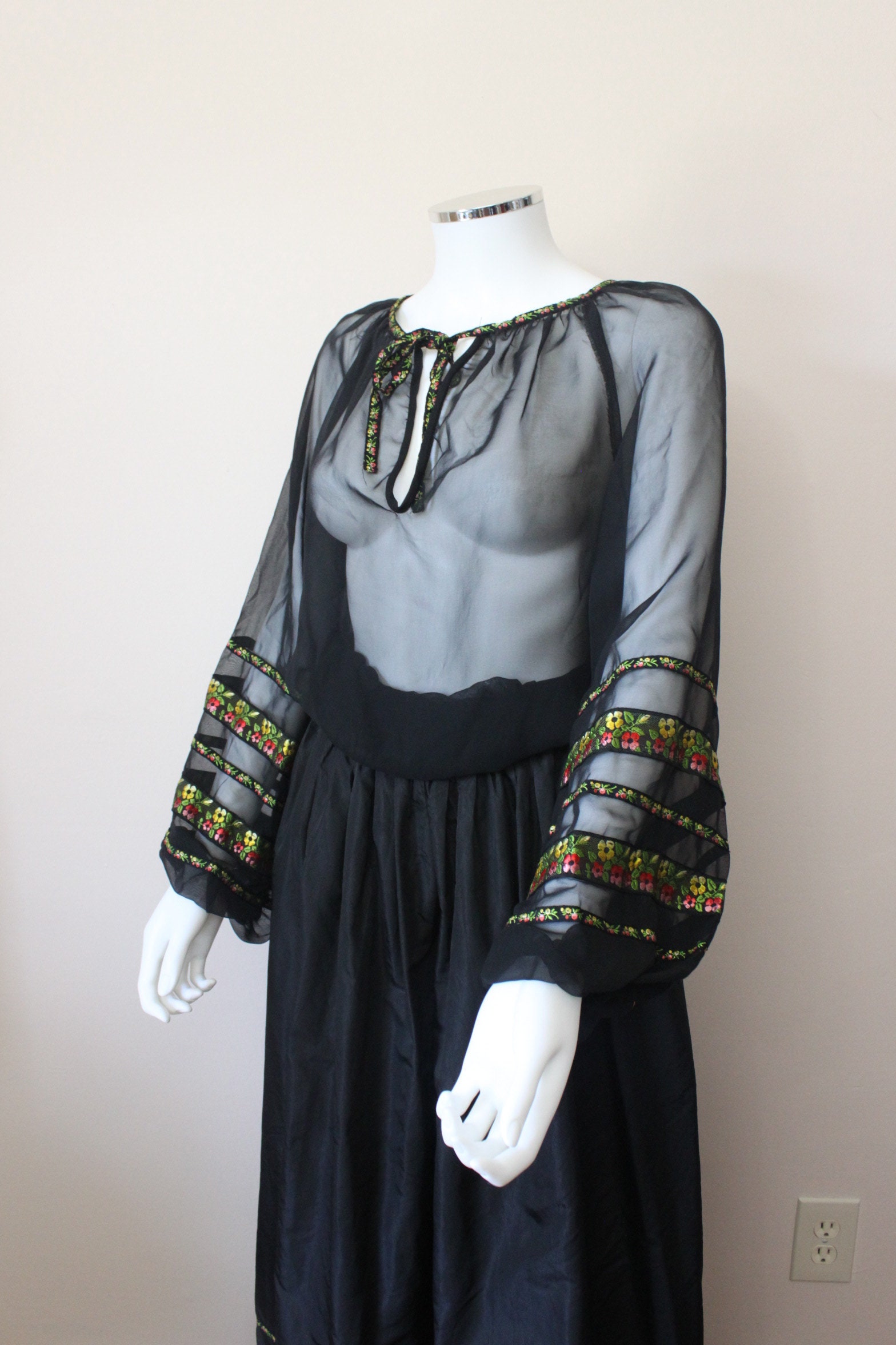 Soledad Maxi Dress Set 1970s Spanish Gypsy Embroidered Sheer Balloon ...