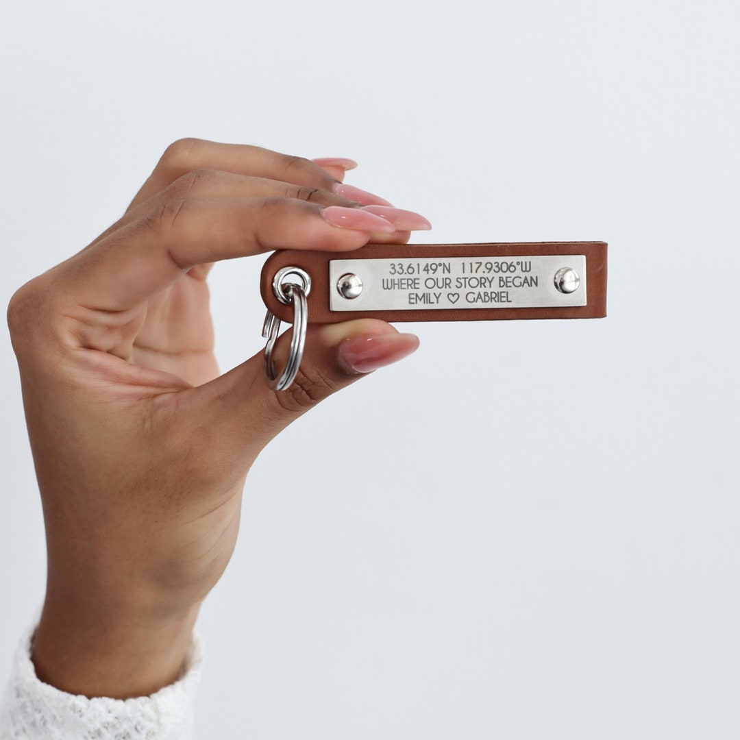 Custom Coordinate Keychain | Signature Leather Keychain | Name Keyring ...