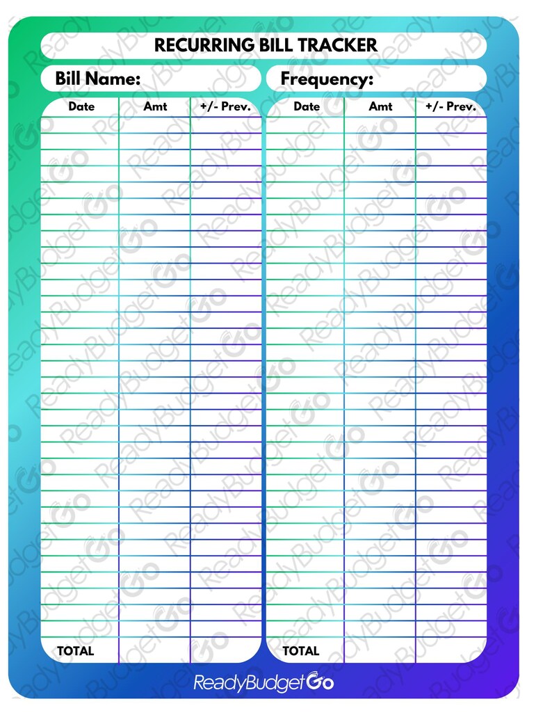 Recurring Bill Tracker Worksheet Cash Planning Budgeting Income ...