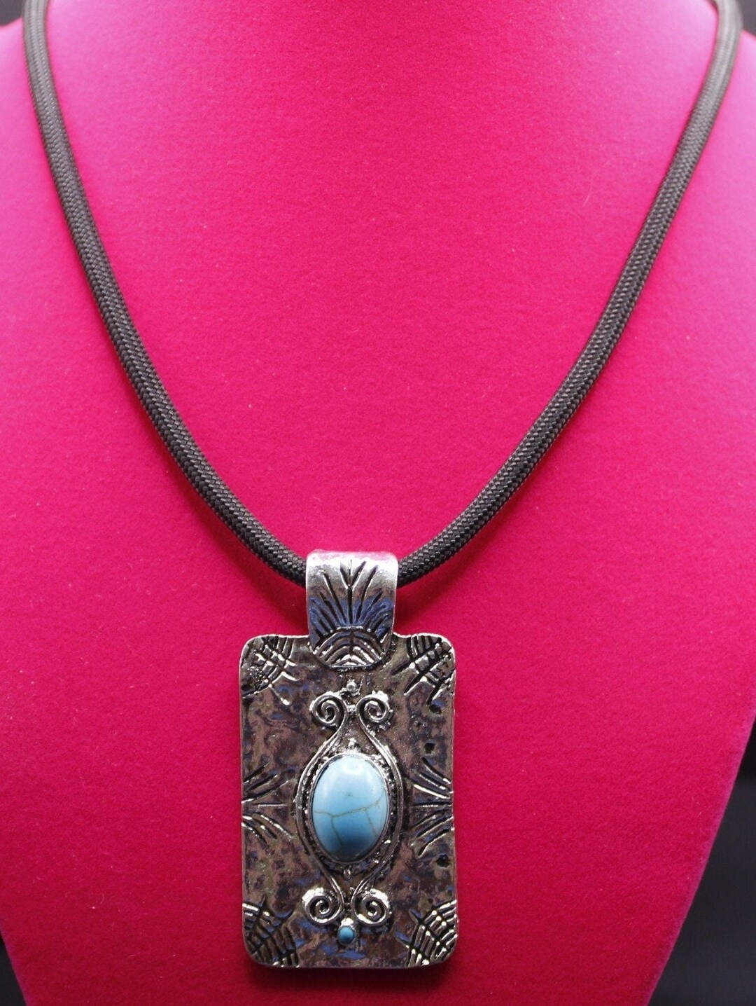 Rectangle Silver Turquoise Pendant; Turquoise Pendant; Etched Silver ...