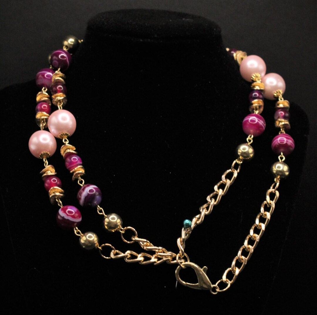 Magenta Pearl Necklace Set Purple Stone Agate Necklace Set Pearls and ...
