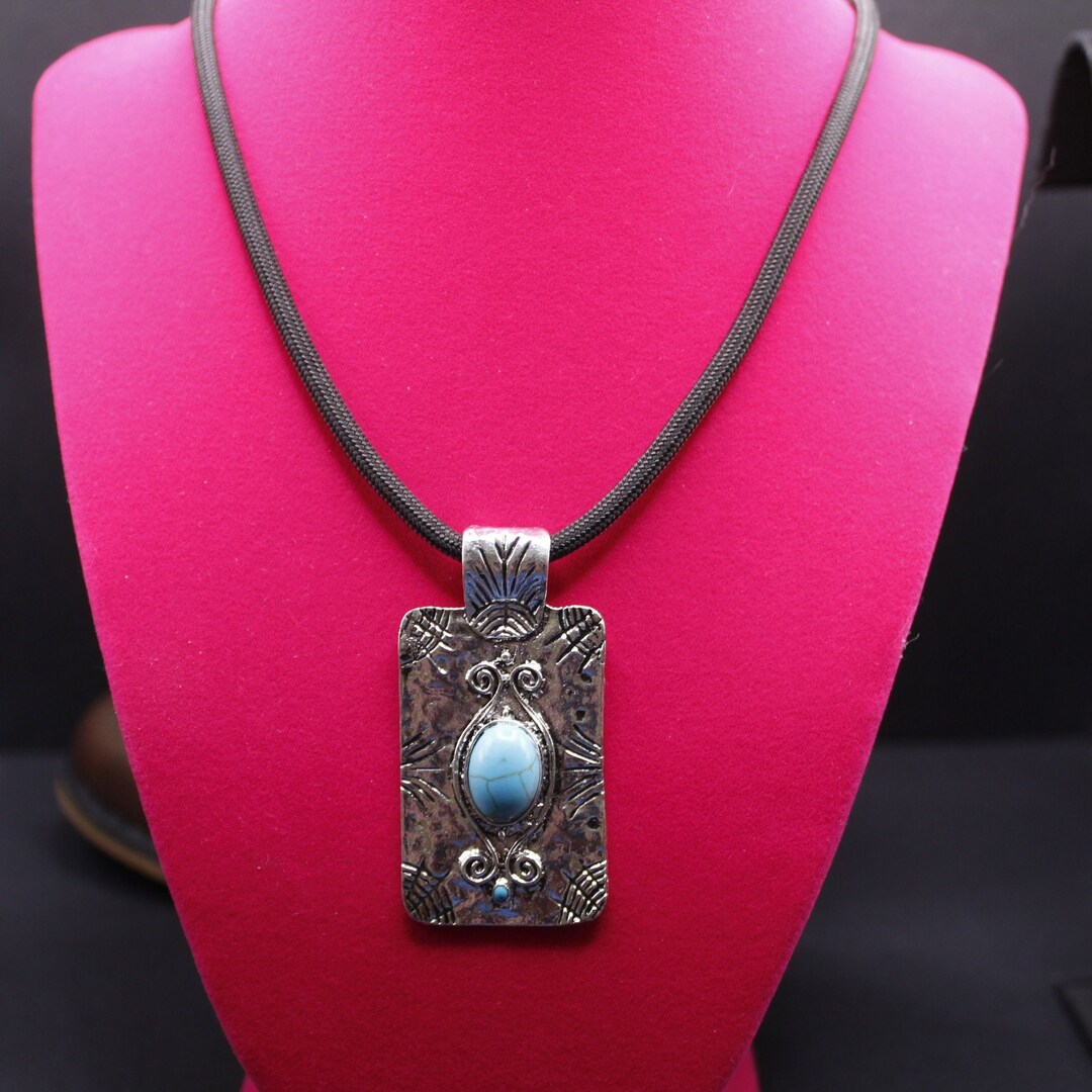 Rectangle Silver Turquoise Pendant Turquoise Pendant Etched - Etsy