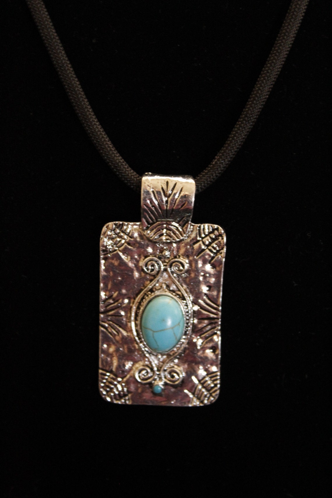 Rectangle Silver Turquoise Pendant Turquoise Pendant Etched - Etsy