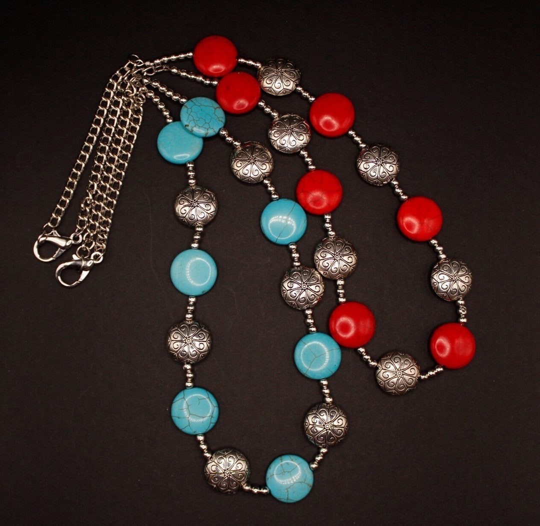 Red and Silver Concho Necklace Set; Red and Blue Necklaces; Silver ...