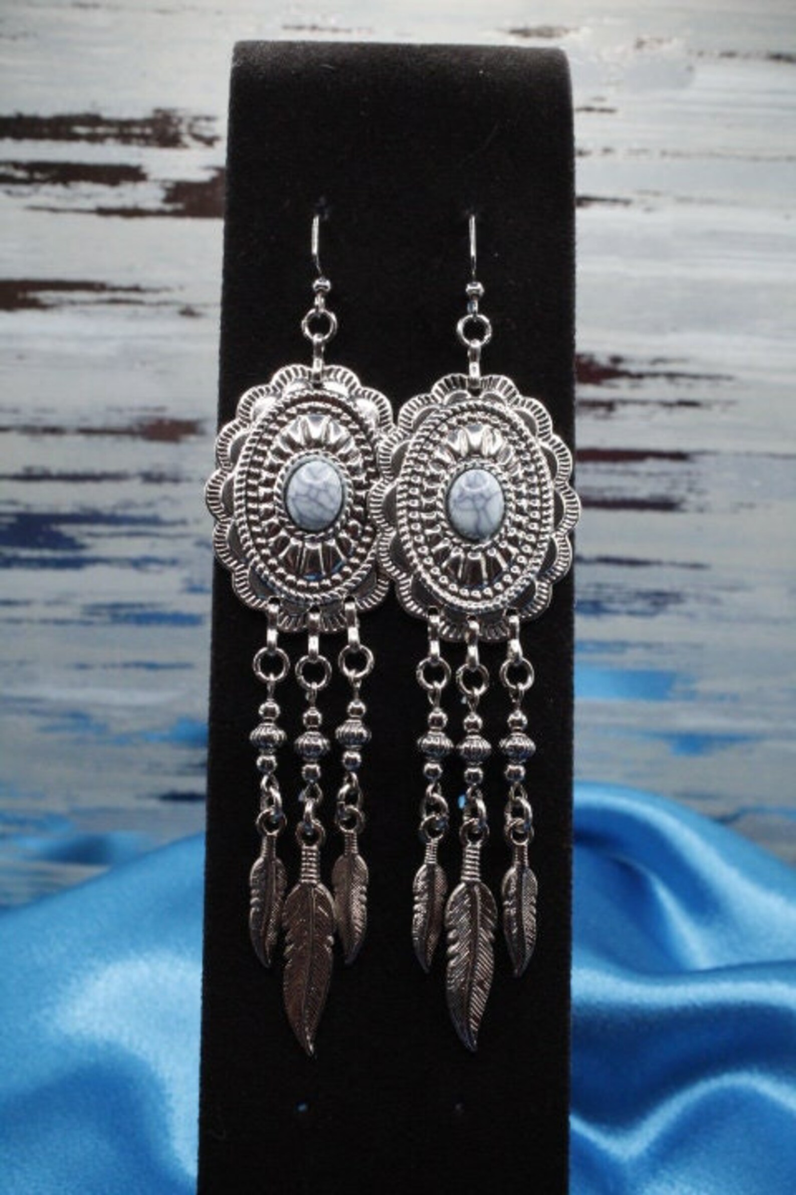 Concho Silver Chandelier Earrings; Oval Concho and Feather Earrings ...