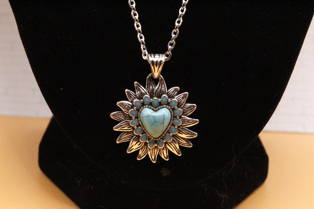 Turquoise Flower Heart Pendant; Flower and Heart Turquoise Pendant ...