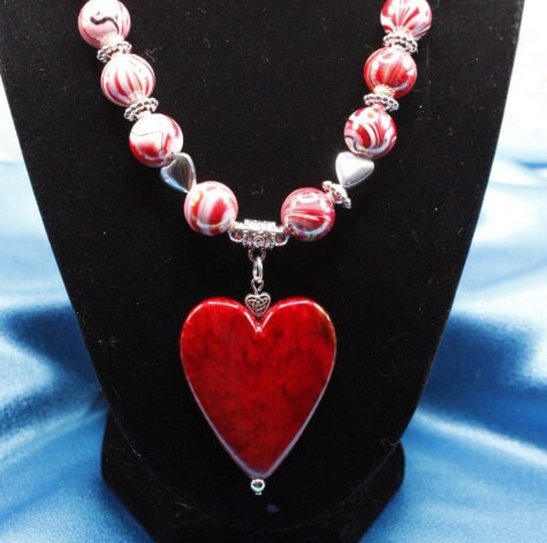 Red Marble Heart Necklace Set; Heart Necklace in Red Hues; Cherry Red ...