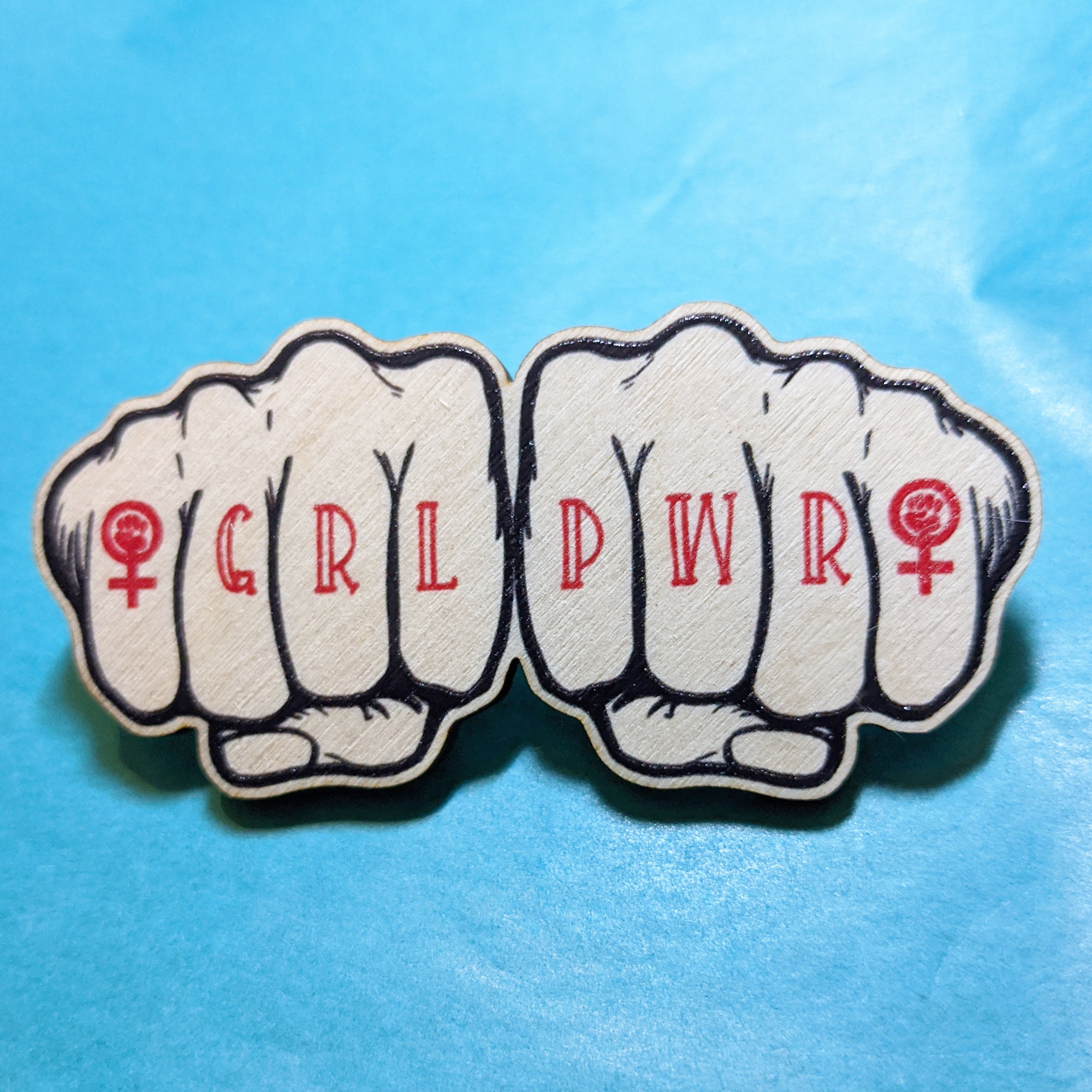 Feminist GRL PWR Girl Power Wooden Pin Badge Knuckle - Etsy