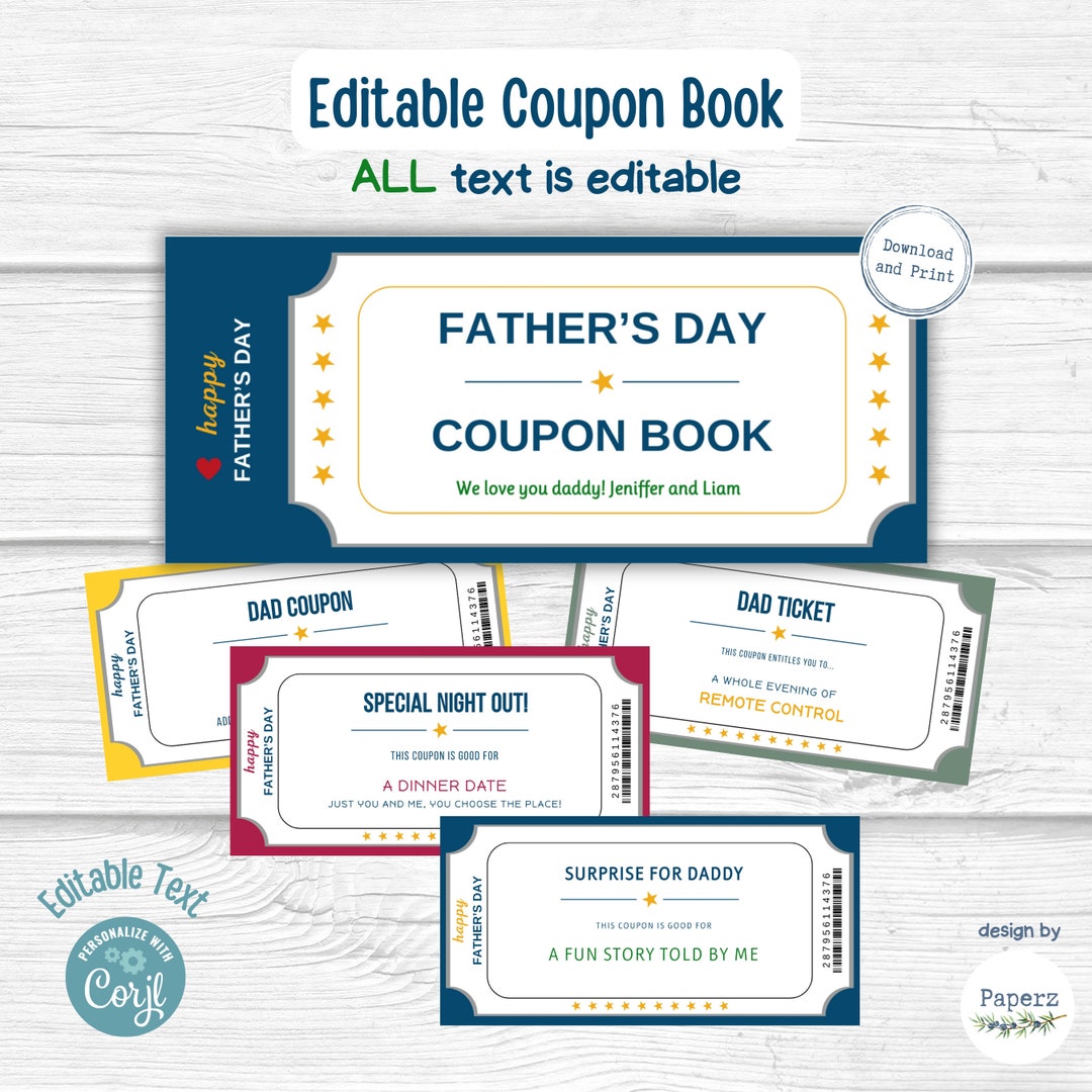 Editable Father’s Day Coupon Book | Personalized DIY Gift for Dad ...