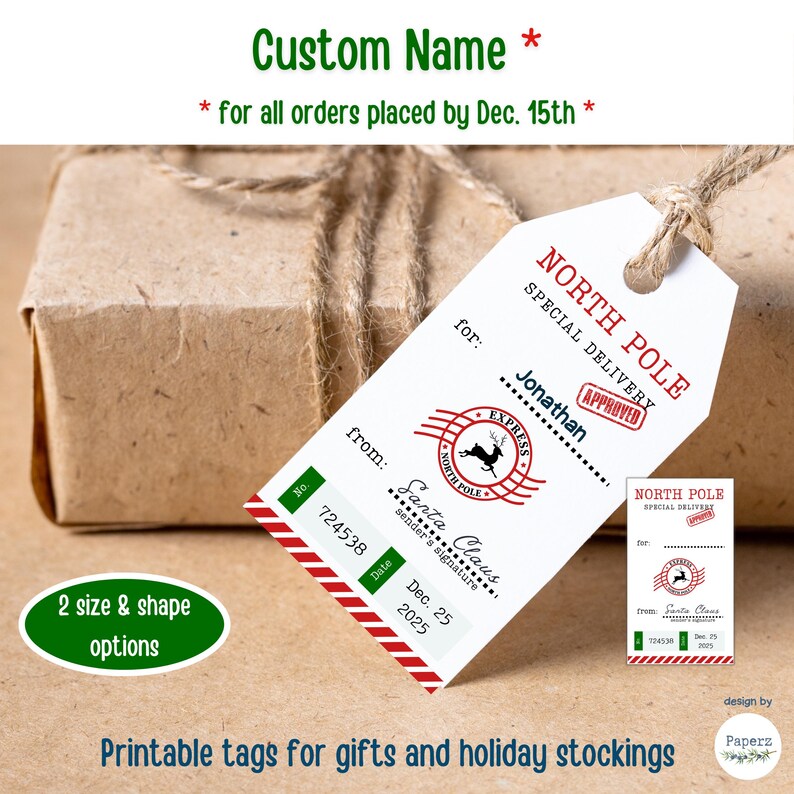 Printable Santa Gift Tags: North Pole Special Delivery, Custom Name ...