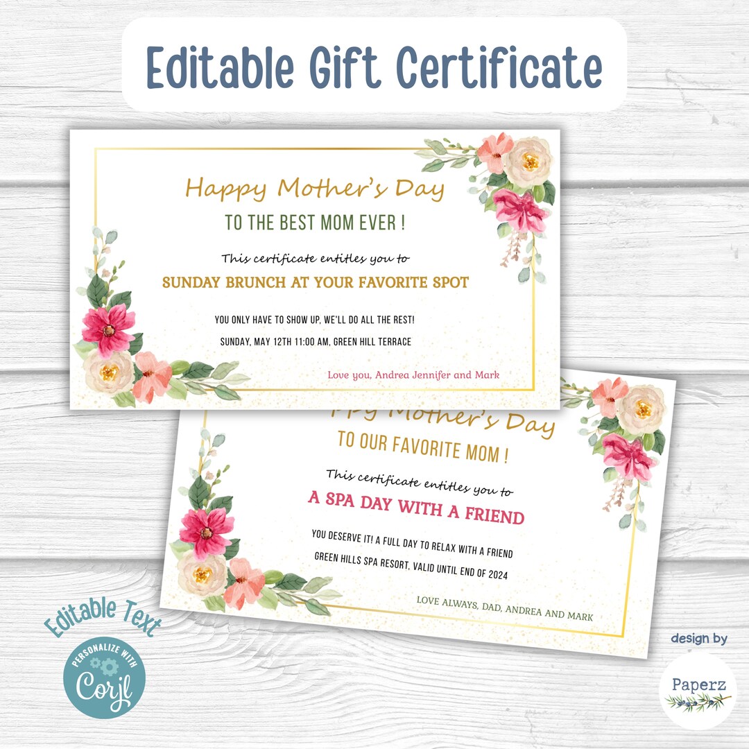 Editable Mothers Day Coupon Template | Gift Voucher, Gift Certificate ...