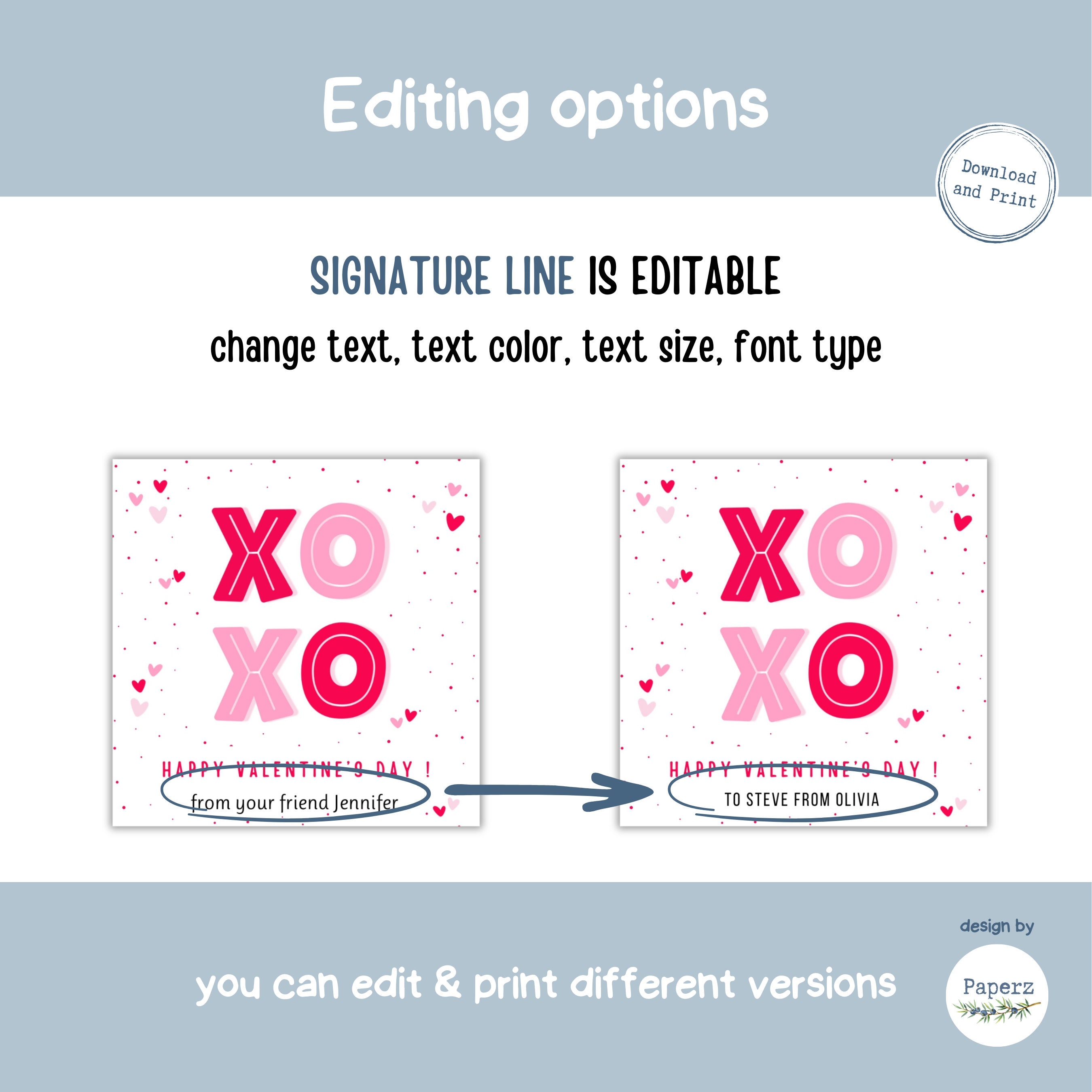 Editable Valentine XOXO Tag Printable Valentine's Day Hang Tag, Favor ...