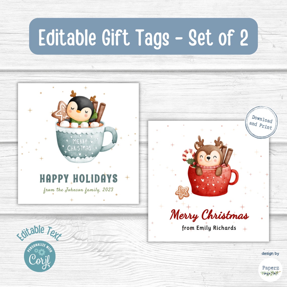 Printable Christmas Gift Tag Template, Cute Editable Holiday Tags for ...