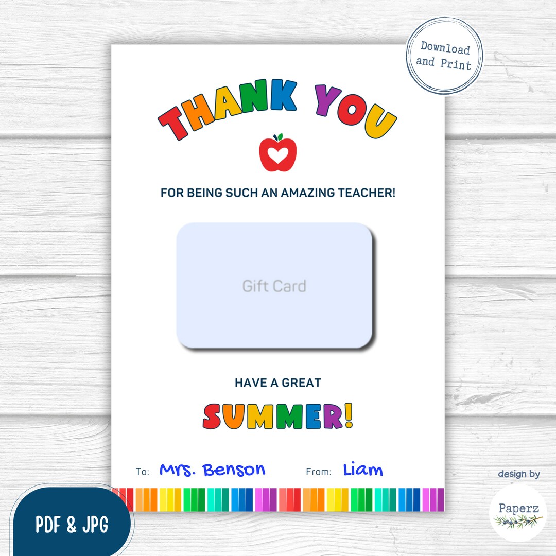 Printable Summer Gift Card Holders for Teachers | End of Year Teacher ...