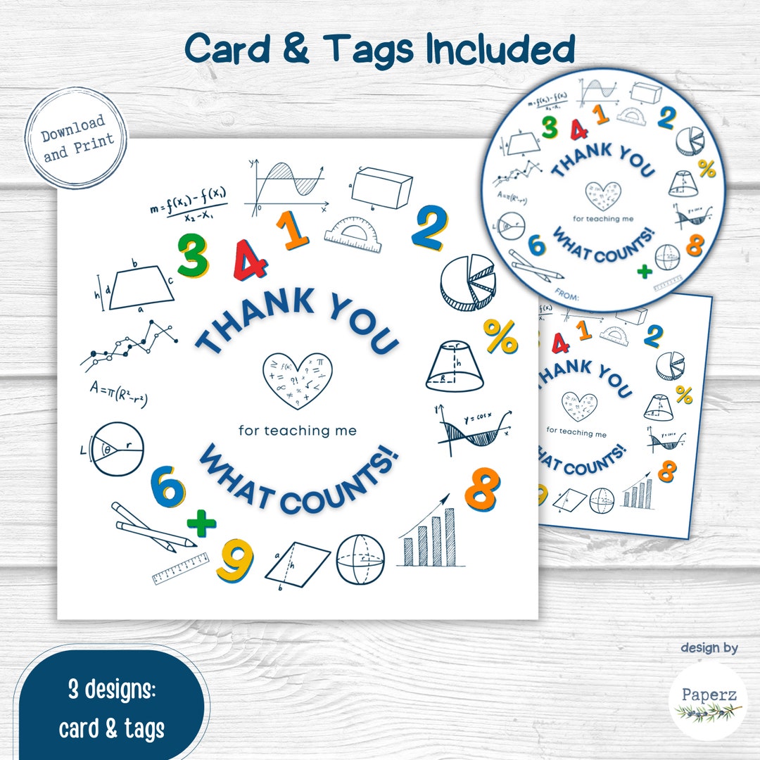 Math Teacher Appreciation Card, Teacher Thank You Tags for Math Teacher ...