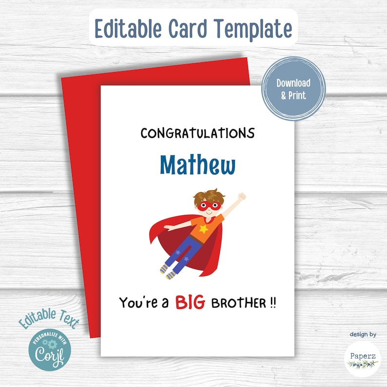 Editable Big Brother Card, Superhero Boy, Customizable Name, Big ...
