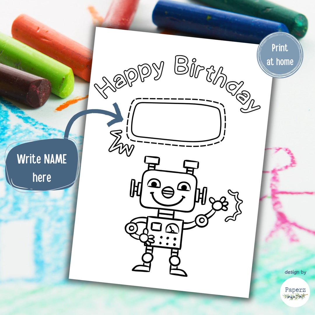 Robot Birthday Coloring Card: Printable Kids Craft (PDF) - Etsy