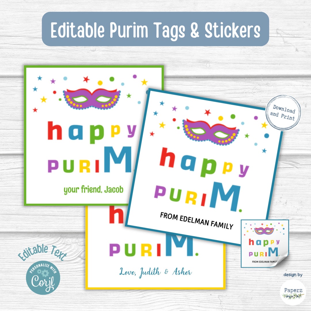 Editable Purim Labels, Stickers, Mishloach Manot Tags | Purim Gift Tags ...