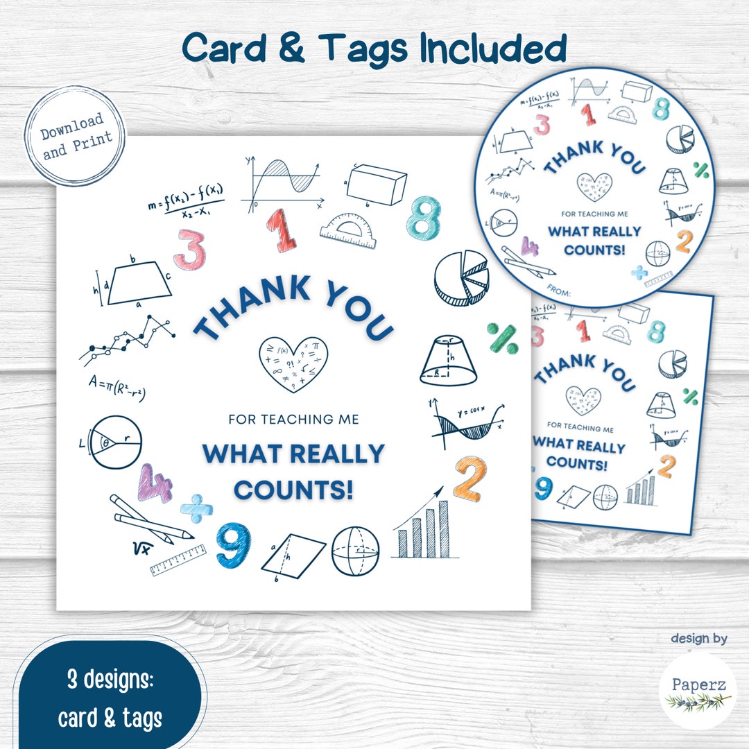 Math Teacher Appreciation Card Printable Thank You Tag for Teacher ...