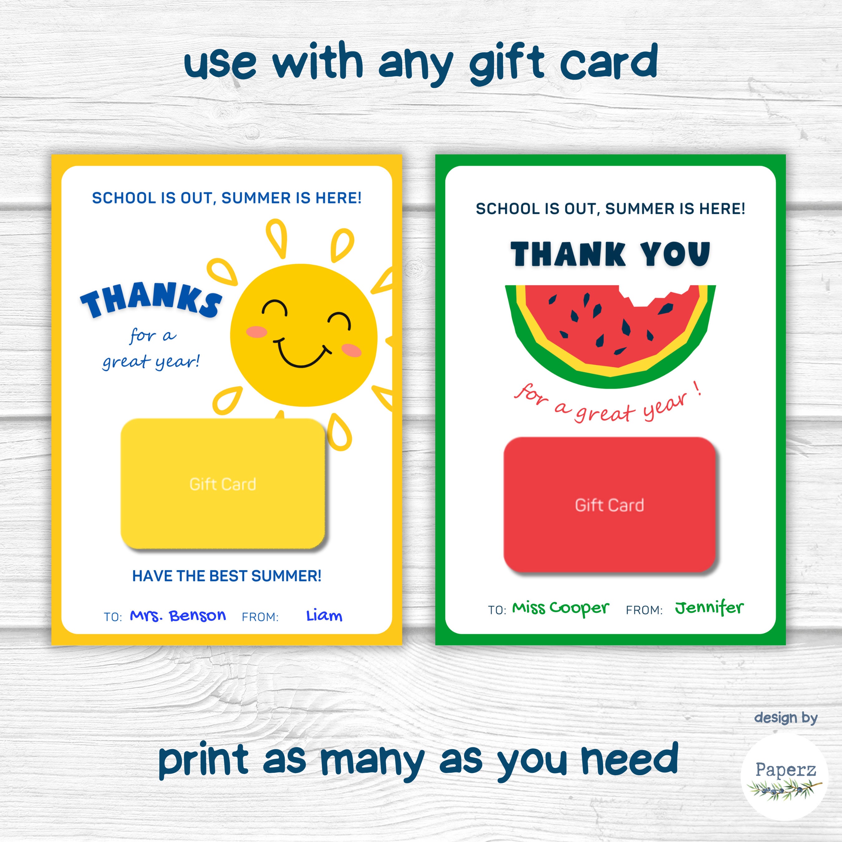 Printable Summer Gift Card Holders for Teachers | End of Year Teacher ...