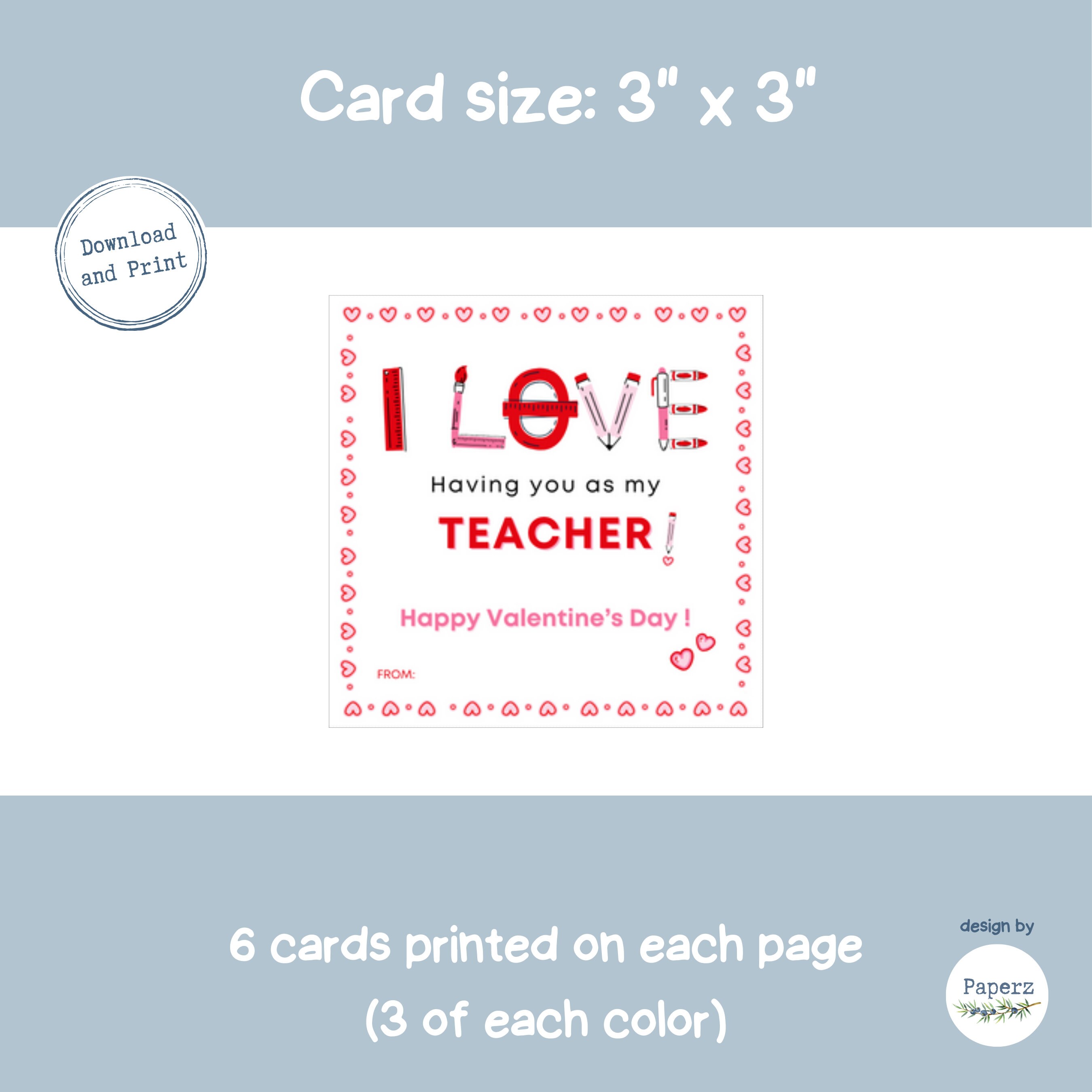 Valentine Tag for Teacher Printable DIY School Valentine Classroom ...