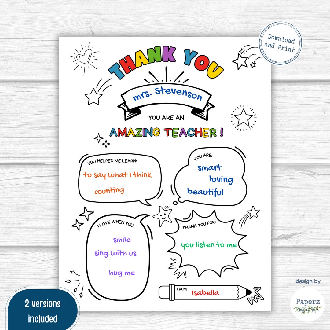 Teacher Thank You Coloring Card: DIY Printable Gift (digital Download ...
