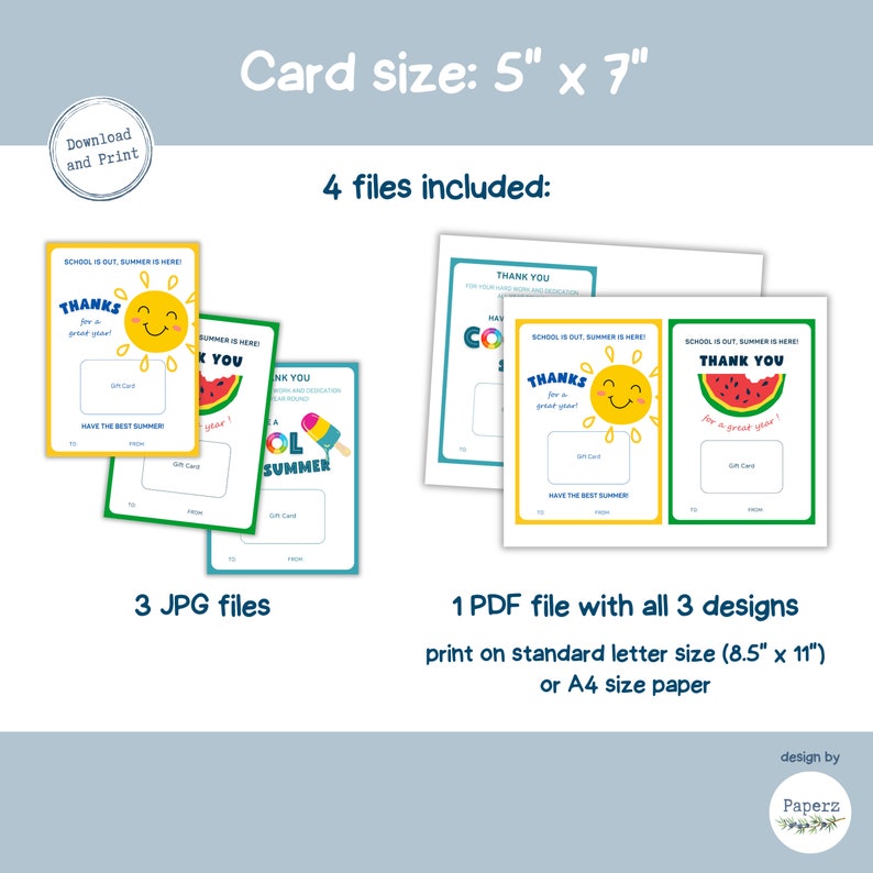 Printable Summer Gift Card Holders for Teachers | End of Year Teacher ...